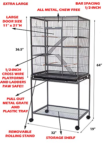 Extra Large Wrought Iron 4-Tiers Ferret Chinchilla Sugar Glider Rats Mouse Cage with Detachable Rolling Stand (32 x 19 x 64 H inches, Black Vein)
