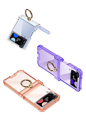 Hokycusvi Hinge Case for Samsung Galaxy Z flip 4 with Ring Shockproof Thin Cover with Transparent Hard PC Back, Soft TPU Edges (Clear)