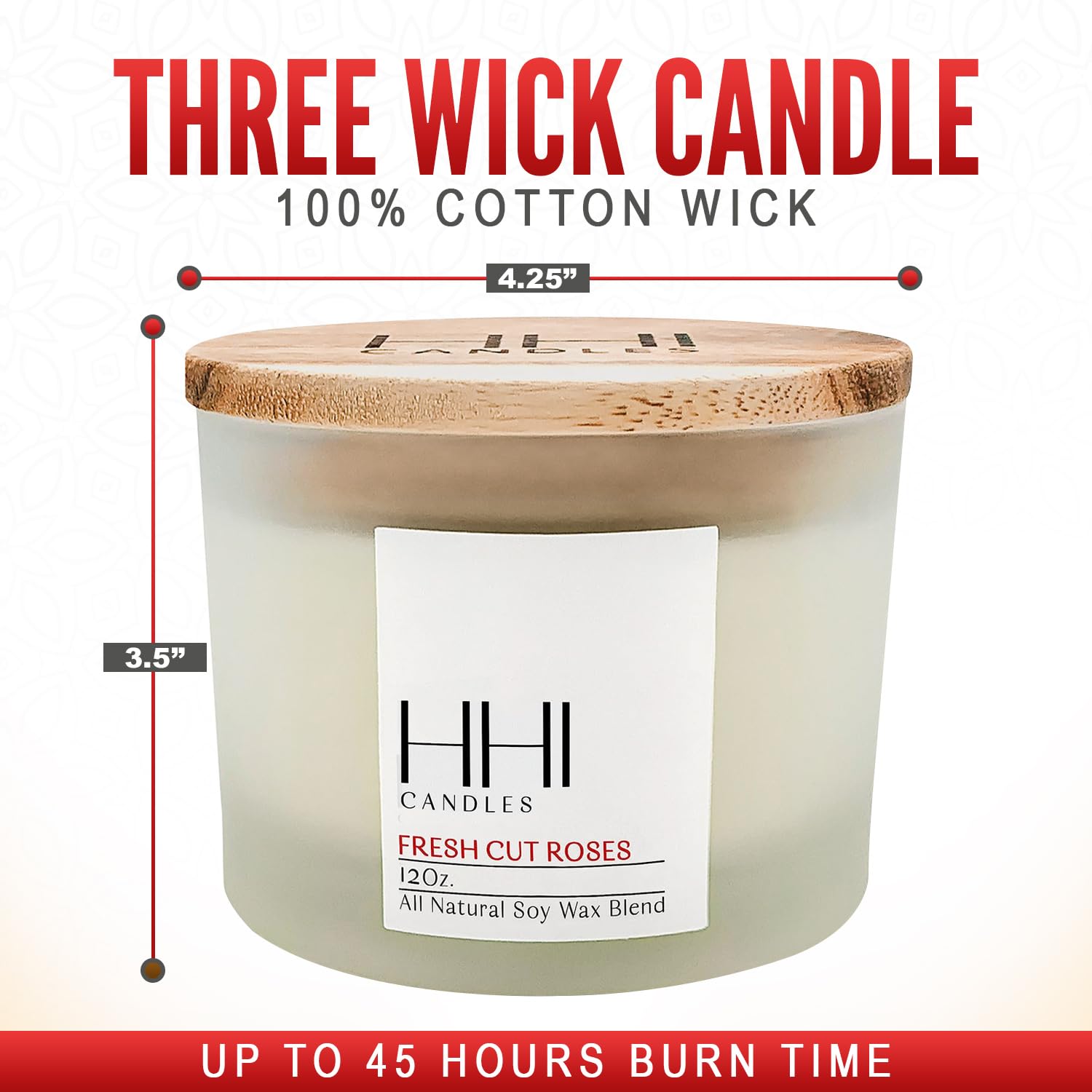HHI Rose Scented All-Natural Soy Candle | Fresh Cut Roses | Large 12 Ounce 3 Wick | Long Burn time | Includes Bamboo Lid and Gift Box