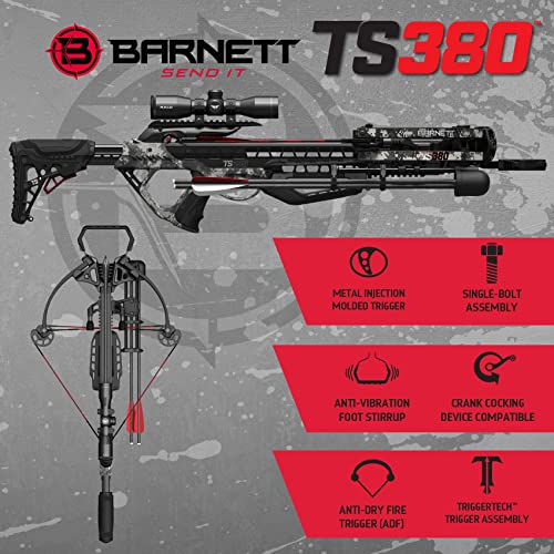 BARNETT TS380 High-Speed Crossbow, with Anti-Dry Fire Trigger, 4x32mm Multi-Reticle Scope, 2 Arrows, Lightweight Quiver, with Crank Device