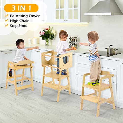 Montessori Educating Tower, Toddler High Chair & Step Stool with 3 Adjustable Height, Standing Kitchen Helper Bathroom Wood Safety Grow Seat, Multi-Function 3 in 1 for 1-12 Years