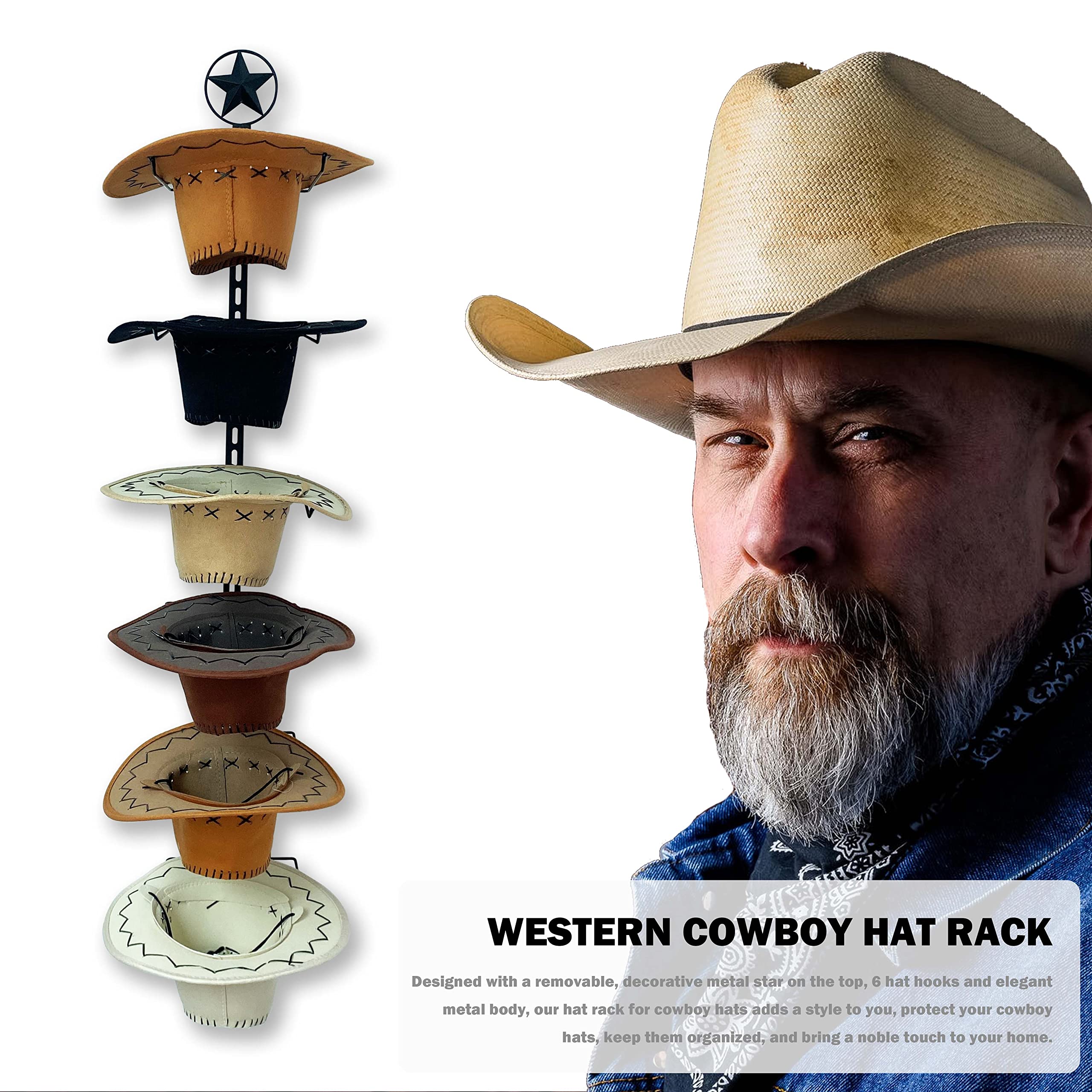 Dancenser Cowboy Hat Rack for Wall, 6 Pieces Cowboy Hat Holder, Western Hat Rack for Cowboy Hats with Decorative Star, Rustic Metal Cowboy Hat Wall Storage for Room Western Decor, Black
