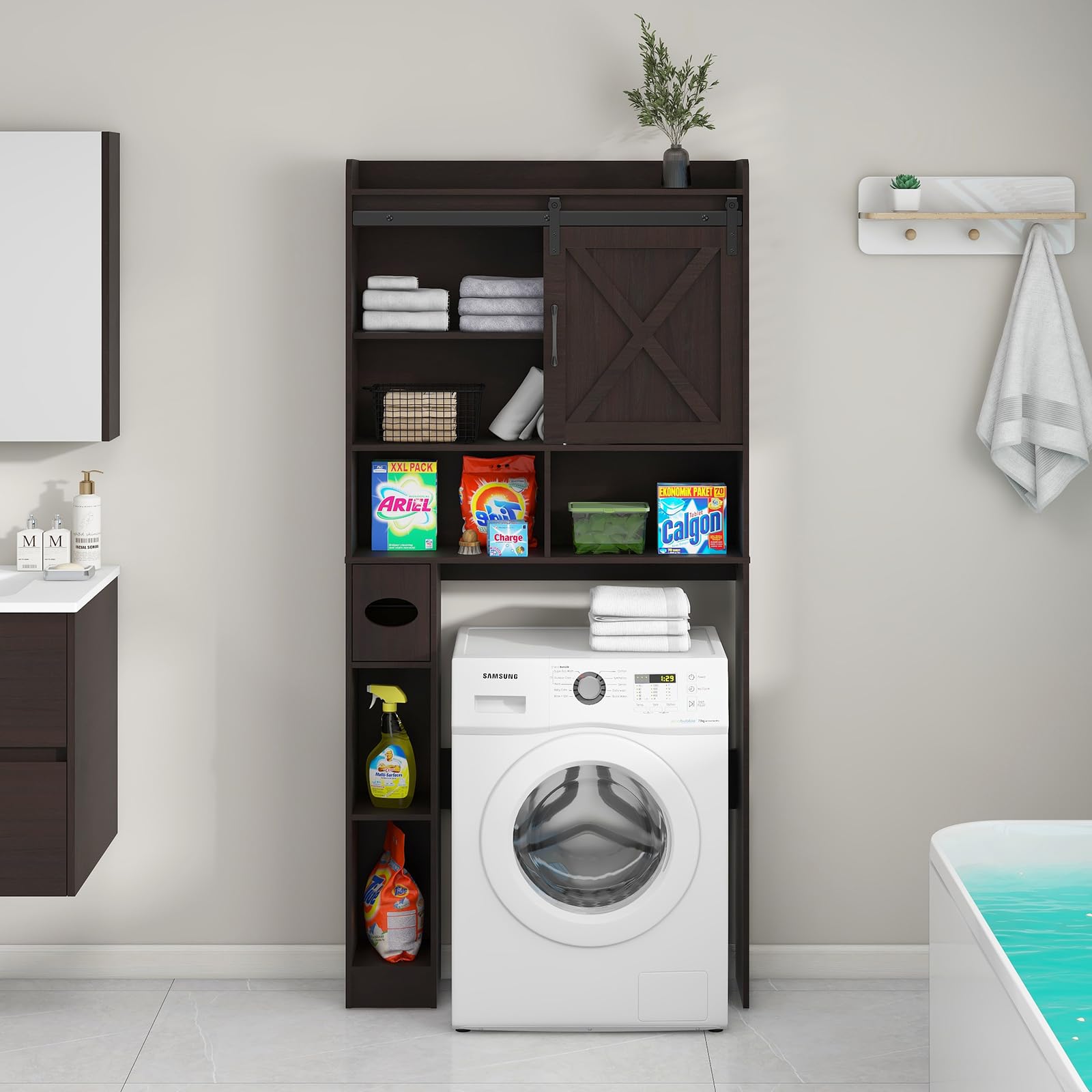 Befrases Over The Toilet Storage Cabinet, Farmhouse Storage Cabinet Over Toilet with Sliding Doors & Toilet Paper Holder Stand,Home Space-Saving Toilet Rack, for Bathroom, Laundry, Restroom(Espresso)