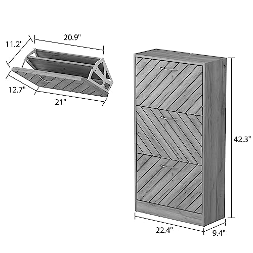 FAMAPY Modern Shoe Cabinet with 3 Flip Drawers, Freestanding Shoe Storage Cabinet, Slanted Design, Shoe Storage Organizer for Hallway Entryway Grey (22.4”W x 9.4”D x 42.3”H)