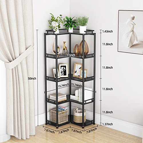 FLE 5 Tier Corner Shelf,Modern Corner Bookshelf Industrial Corner Ladder Shelf Small Bookcase Plant Stand for Living Room, Kitchen, Home Office (Black)