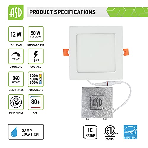 ASD Ultra Thin Square LED Recessed Lighting 6 Inch, 3000K-4000K-5000K Color Temperature Options, 12W 840Lm Dimmable LED Downlight, Canless LED Recessed Light, IC & Damp Rated,ETL,Energy Star (6-Pack)