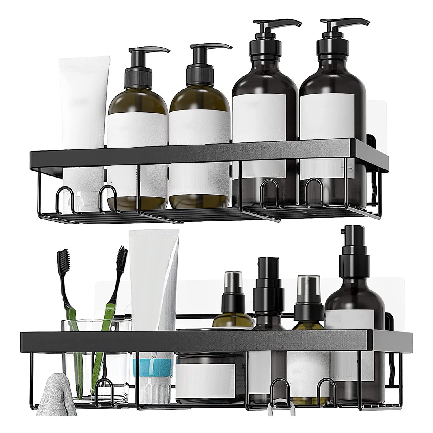 Pasotim Shower Shelf Organizer Rack(2Pack), Bathroom Accessories Basket Shelves with Hooks, Wall Mount Shower Storage