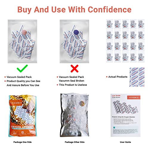 Lexonix 300cc (100 Pack) Food Grade Oxygen Absorbers for Food Storage, (5 Pcs Pack of 20 sets) for Vacuum Seal or Mylar Bag Food Storage Keep Food Fresh Anti Oxygen Absorbing Packets (300cc)