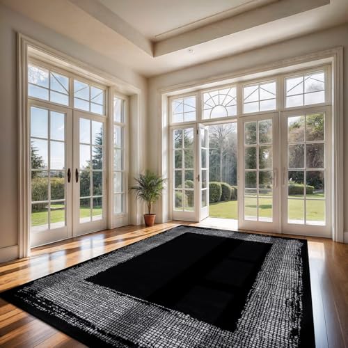 CAMILSON Bordered Black Rug 8x10 Area Rugs for Living Room Bedroom Kitchen Modern Soft Stain Resistant Non-Shedding Indoor Carpet (8 x 10 Black and Cream)