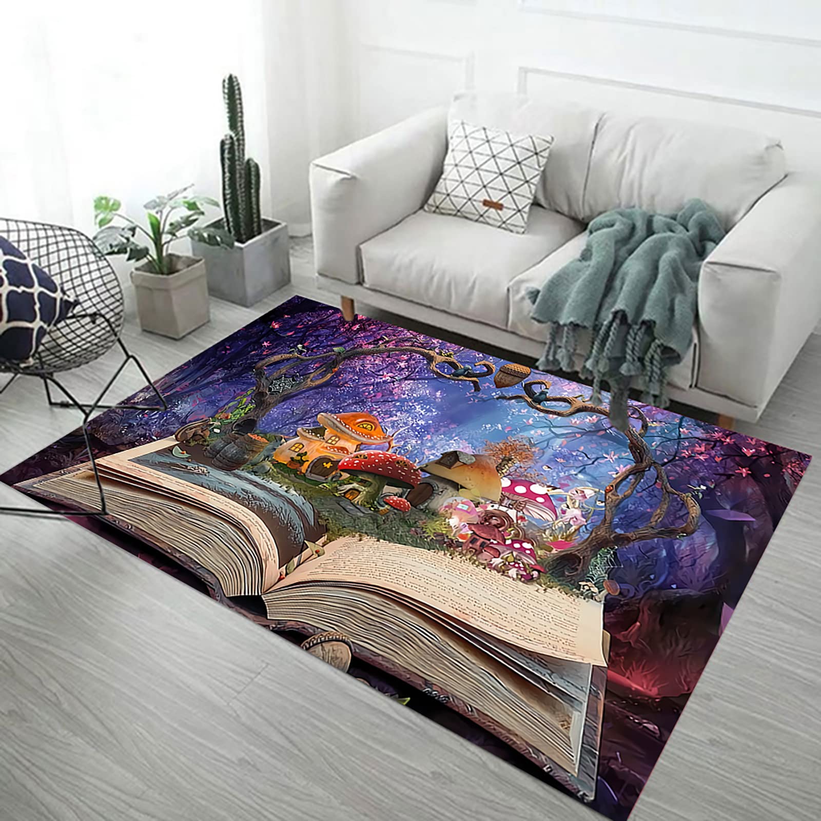 LGGQQW Magical Forest Area Rug Mushroom Tree Cat Pink Flower Fairy Tale World Carpet Home Decor