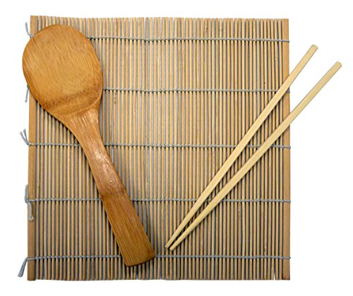 IMUSA USA 3pc Bamboo Complete Sushi Set (Rolling Mat, Chopsticks & Paddle) Kitchen Utensils, Multisizes, Brown