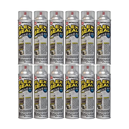 Flex Seal, 14 oz, 12-Pack, Clear, Stop Leaks Instantly, Transparent Waterproof Rubber Spray On Sealant Coating, Perfect for Gutters, Wood, RV, Campers, Roof Repair, Skylights, Windows, and More