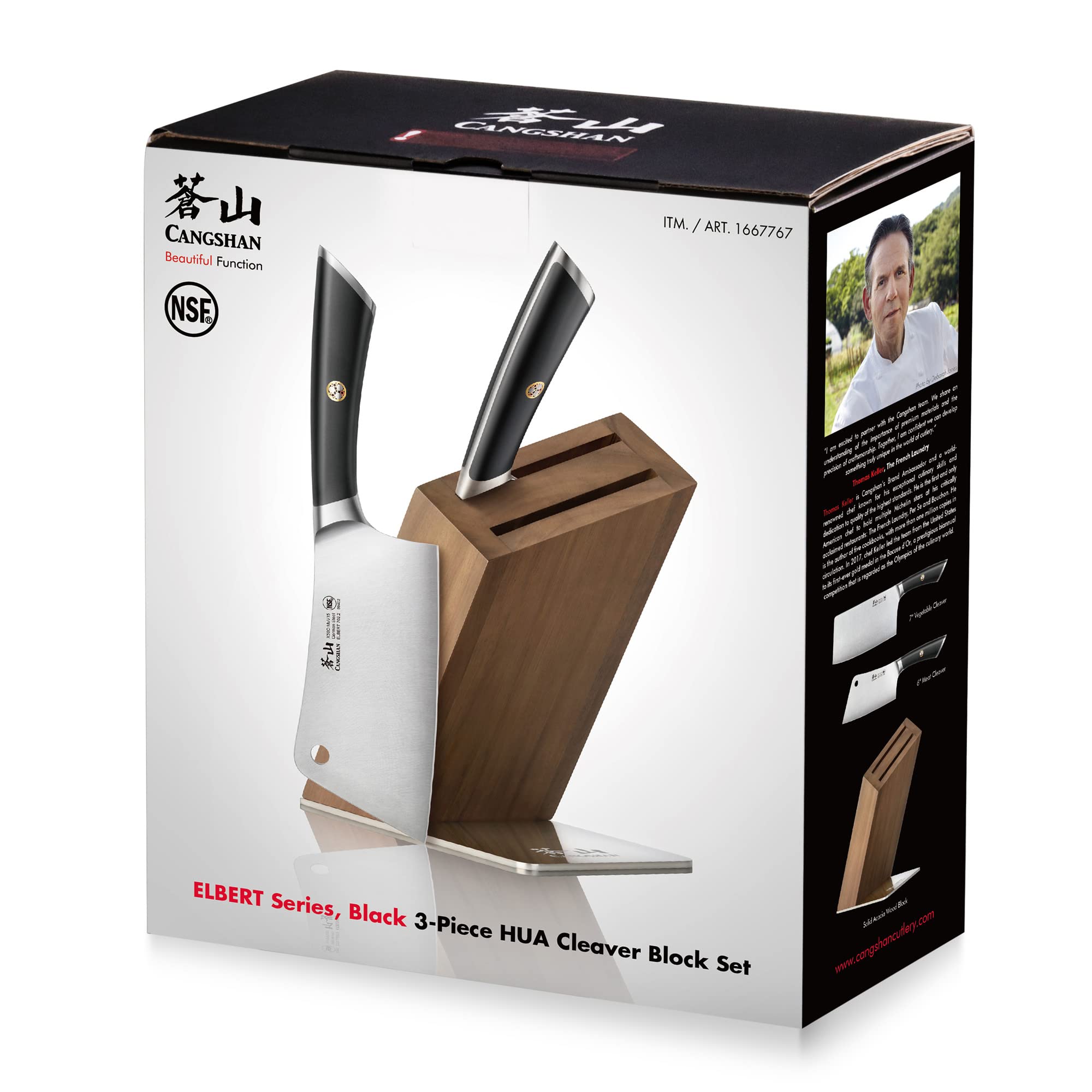 Cangshan ELBERT Series German Steel Forged Cleaver Knife Block Sets, Acacia (3-Piece, Black)