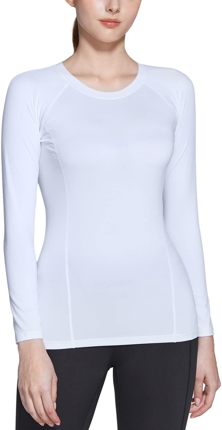 ATHLIO Women's Sports Compression Shirt, Cool Dry Fit Long Sleeve Workout Tops, Athletic Exercise Gym Yoga Shirts, 2pack White/White, X-Small