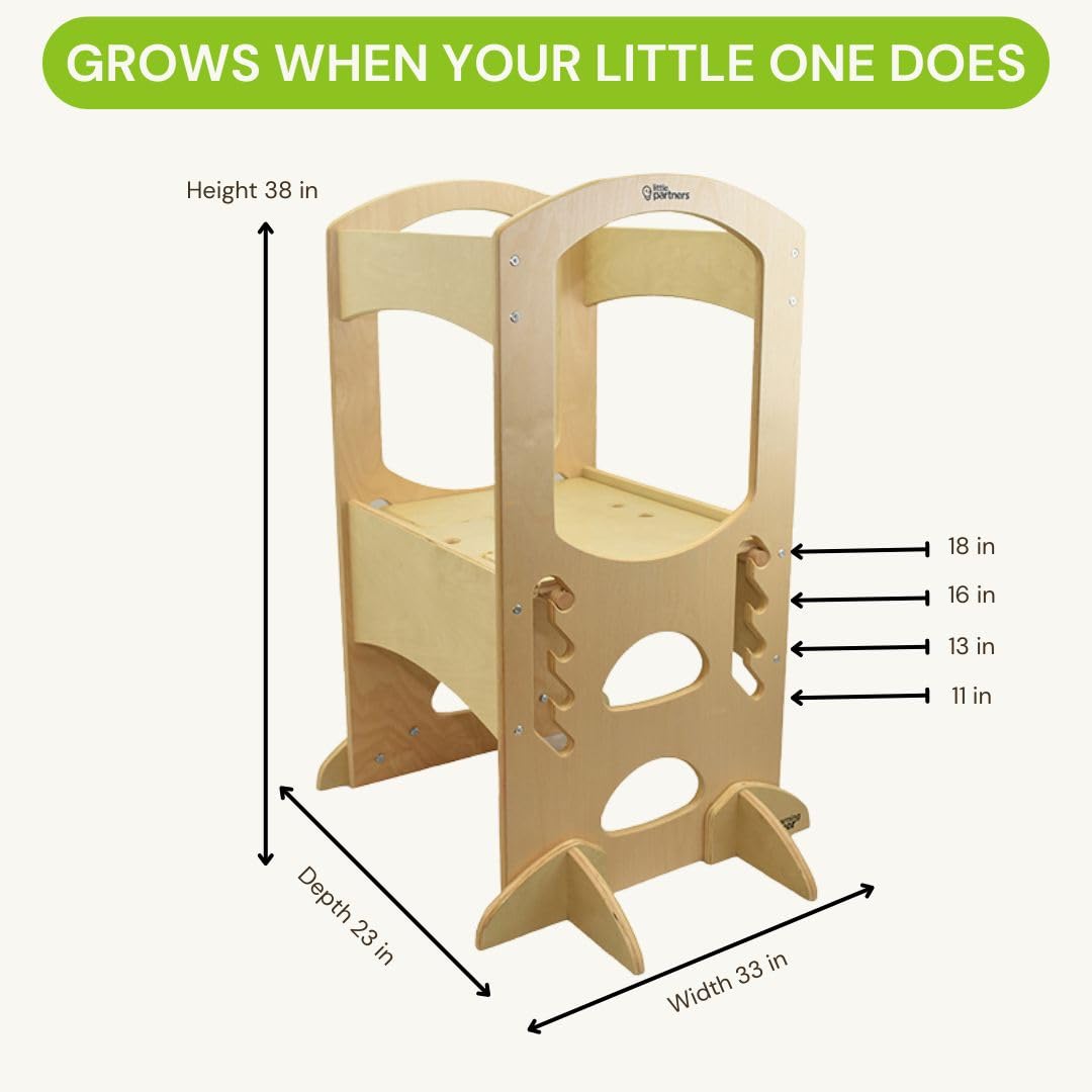Little Partners Kids Learning Tower Adjustable Height Kitchen Step Stool for Toddlers, Encourages Learning, Independence, and Engagement, Safety Climbing Tower for Kitchen Counter (Natural)