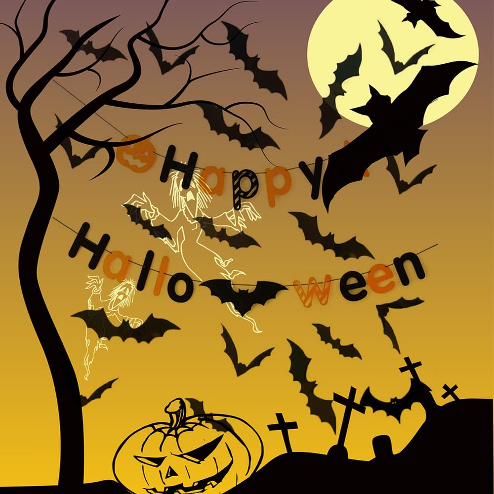 Halloween Bat Decorations - 12PCS Green Glowing Bats, DIY Window Wall Stickers, Reusable PVC 3D Bats Stickers for Bathroom Indoor Hallowmas Party Supplies