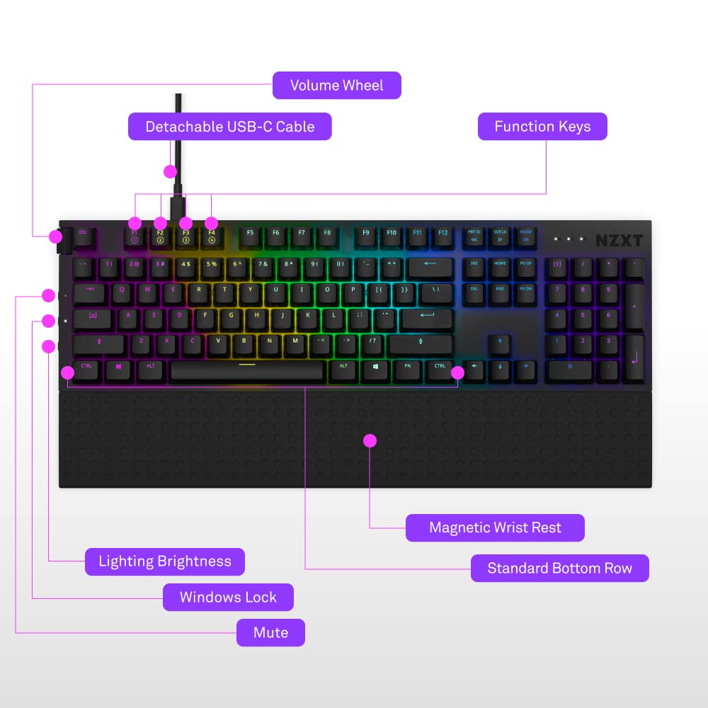 NZXT Function Full-Size USB Gaming Keyboard – Gateron Red Mechanical Switches: Linear, Fast, and Quiet – Hot-Swappable – RGB Backlit – Aluminum Top Plate – Sound Dampening Foam – Wrist Rest – Black