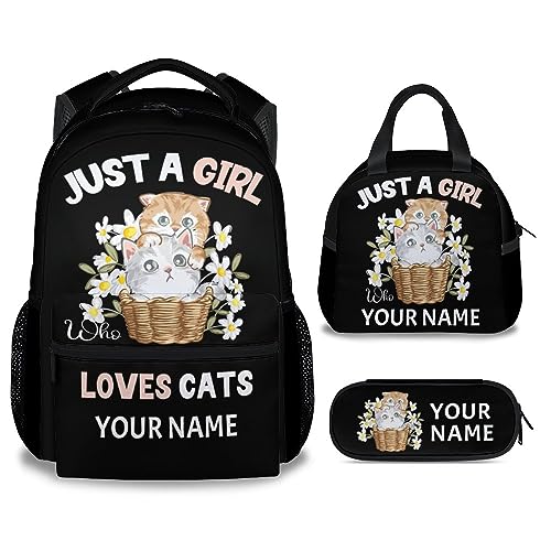 FUZZYFIT Personalized Cat Backpack with Lunch Box Set for Kids, 3 in 1 School Backpacks Matching Combo, Cute Black Bookbag and Pencil Case Bundle