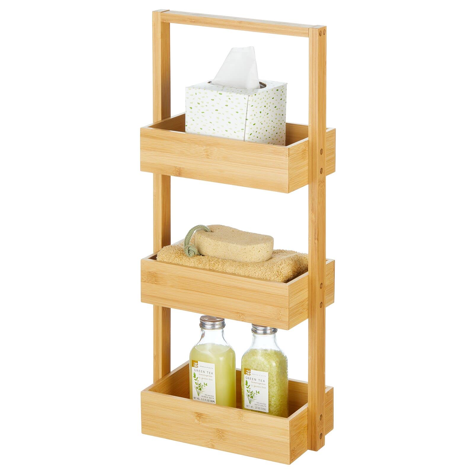 mDesign Free-Standing 3-Tiered Shelf for Bathroom, Wood Bamboo Storage Rack Room Decor Shelves - Decorative Organizer Bins for Bath Towels, Hand Soap, and Toiletries - Natural
