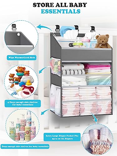 PHOTOONE Hanging Diaper Caddy Organizer - Crib Organizer–Spacious Baby Girl/Boy Diaper Organizer for Changing Table, Playpen, Wall- Hold 90+ Diapers- Nursery Baby Essentials Storage for Newborn, Gray