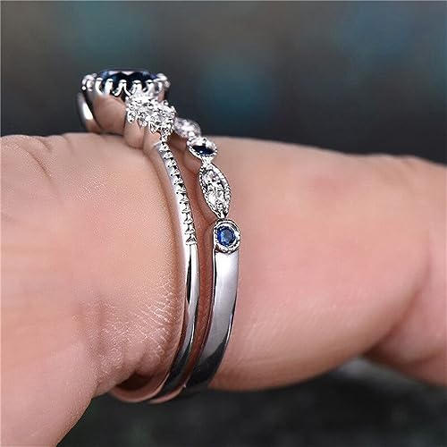 AZQ Fashion 2PCS 925 Sterling Silver Natural Sapphire Ring Round Cut Cubic Zirconia Promise Rings CZ Classical Eternity Engagement Wedding Band Ring Set for Women (US Code 8)