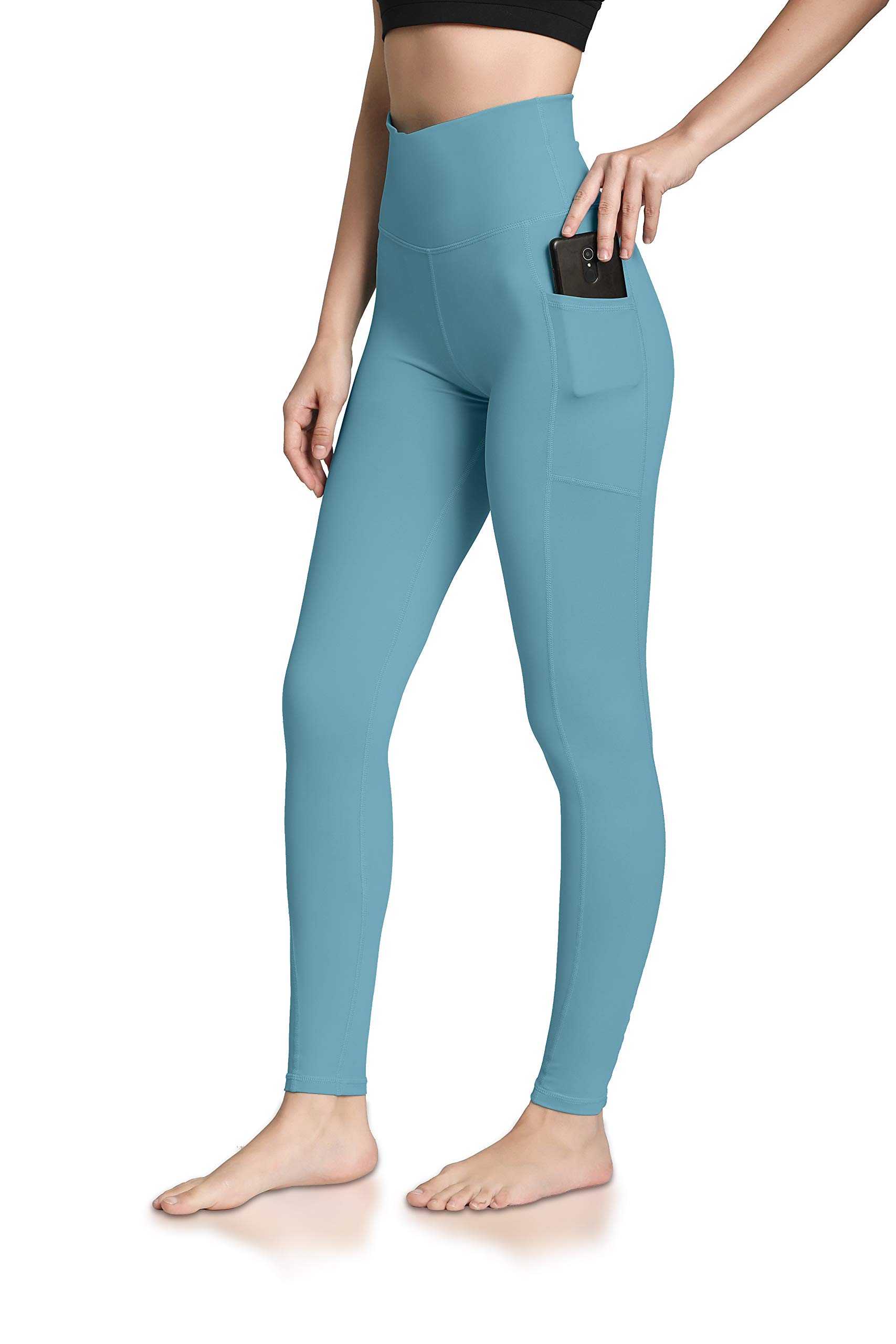 azuza High Waist Yoga Workout Pants Pattern TIK tok Scrunch Tummy Control Sliming Leggings with Pockets for Women Sky Blue