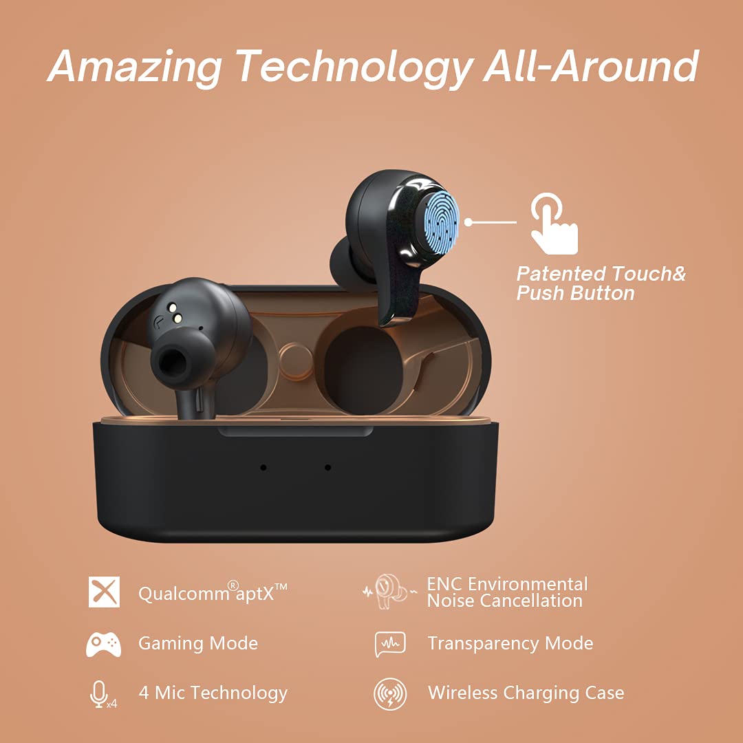 Jabees] Firefly Vintage Bluetooth Wireless Gaming Earbuds - Noise Cancelling Waterproof Headphones with 4 Mic for Call & Music - 40Hr Playtime with Charging Case, Low Latency, aptX, ENC(Black)