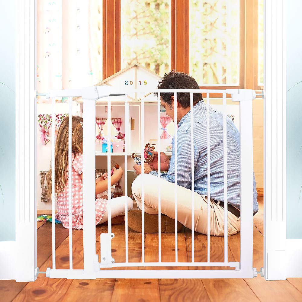 Auto Close Door Gate with Alarm 29.5" to 51.6" Extra Wide Walk Thru Baby Gate No Drilling, White