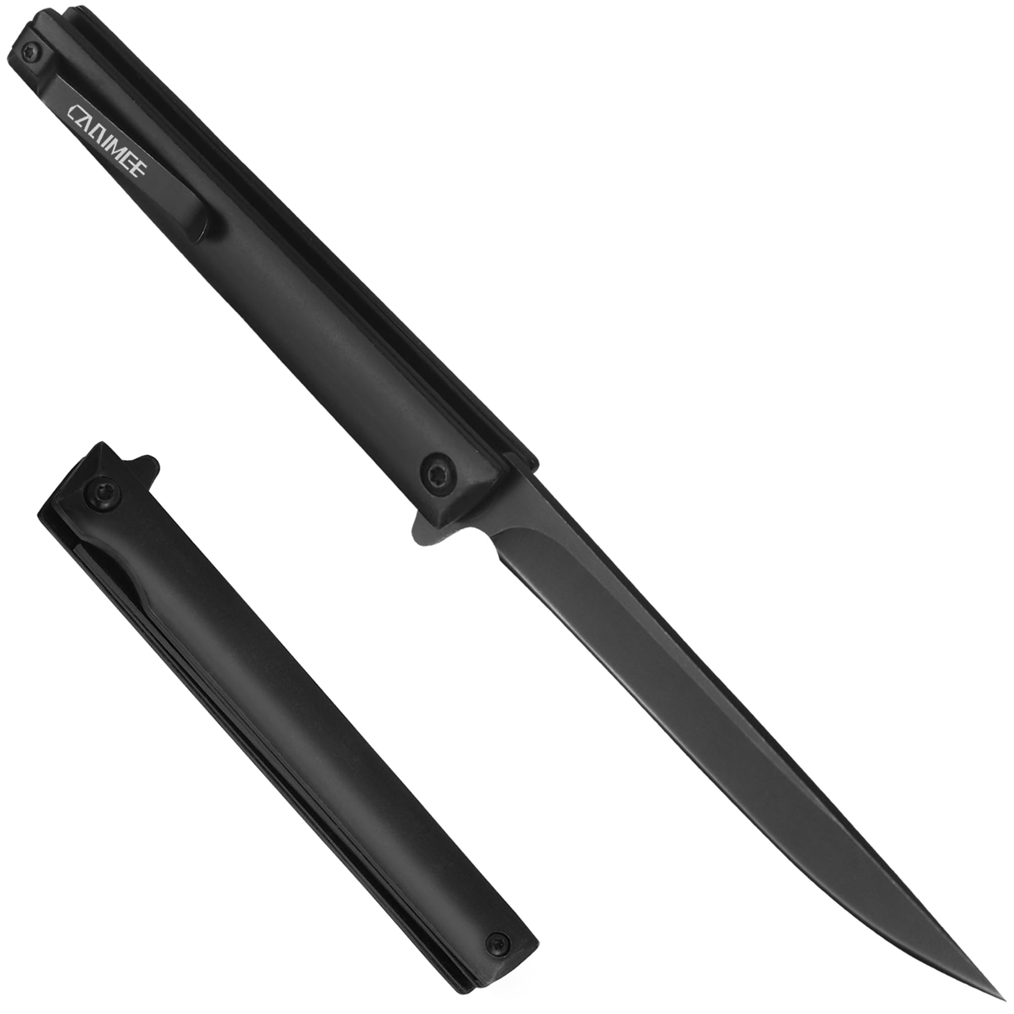Carimee Slim Pocket Knife 3.5", Gentlemen`s Folding Knife, Fully black Ti-coated D2 steel blade and stainless Steel handle, with Leather Sheath, EDC tool, 2024 Gifts for men women