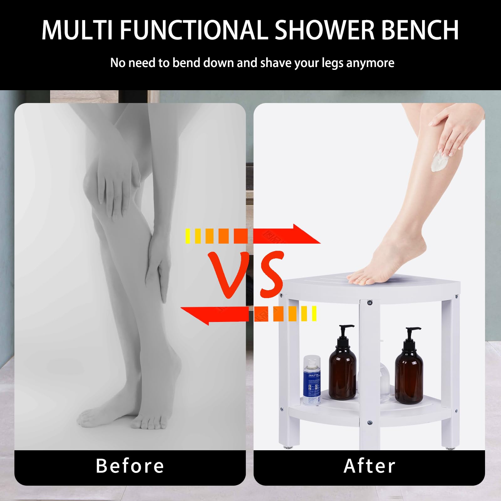 Corner Shower Bench with Storage Shelf,Waterproof Bamboo Corner Shower Stool for Shaving Legs,Easy Assemble Non-Slip Shower Chair for Bathroom,Stable & Sturdy Adjustable Feet Shower Seat(White)