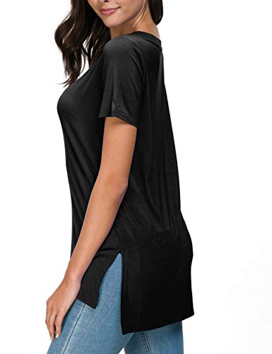 Herou Women Black Short Sleeve Tops Casual Summer Crewneck T-Shirt Tees with Side Split Black X-Large