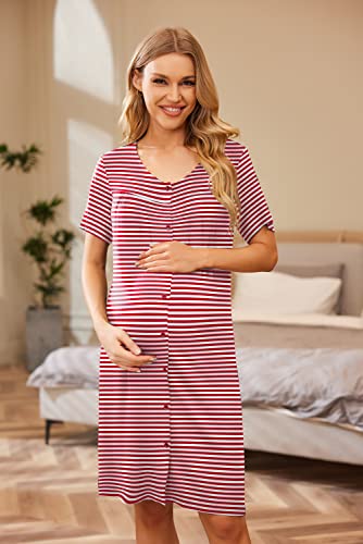 Ekouaer Women's Striped Short Sleeve Nightgown Button Down Sleepwear Soft Sleeping O-Neck Nightshirts Boyfriend Sleep Gown-Wine Red XL