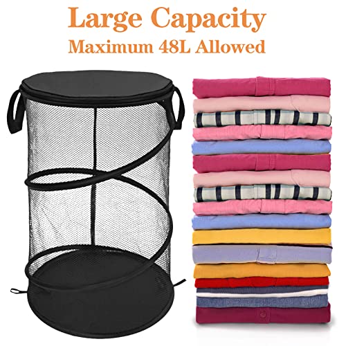 Collapsible Round Popup Laundry Hamper with Lid 2PCS Set, White & Black Foldable Mesh Laundry Basket with Reinforced Carry Handles Solid Bottom, Large Double Clothes Hamper for College Dorm Travel