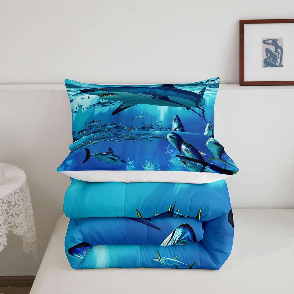 Erosebridal Blue Ocean Bedding Set Twin Size,3D Shark Duvet Insert Underwater Scenery Comforter Set Nautical Sea Animal Aquarium Quilted Duvet Coastal Creature Marine Life Bedroom Decor