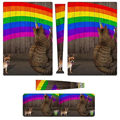Beige Cat Unicorn Drawing Rainbow Full Protective Skin Cover Design Wrap Decal Sticker Compatible with PS5 Digital Edition Console and Controller
