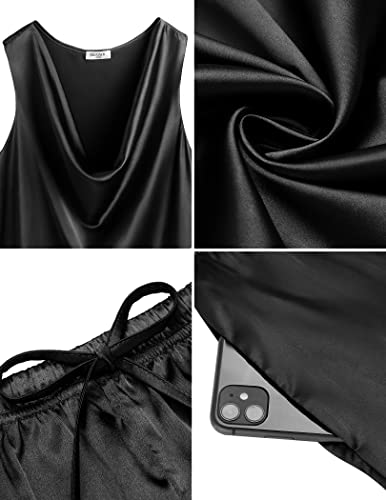 Ekouaer Women's Top and Long Pant Nightwear Cowl Neck 2 Piece Satin Silk Pajama Set Plus Size Black