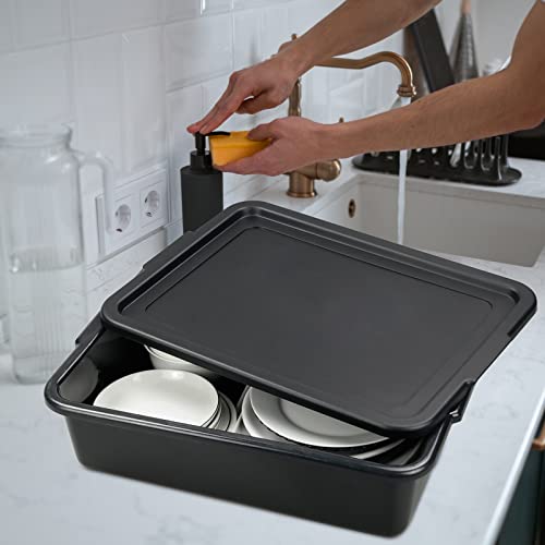 Kekow Plastic Bus Box with Lid, Commercial Bus Tubs with Handle, 3-Pack, Black