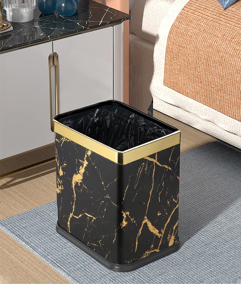 Huaqinglian Small Office Trash can Bedroom Wastebasket,Rectangle Slim Bathroom Kitchen Garbage can 2.6Gallon(Black Gold Marble)