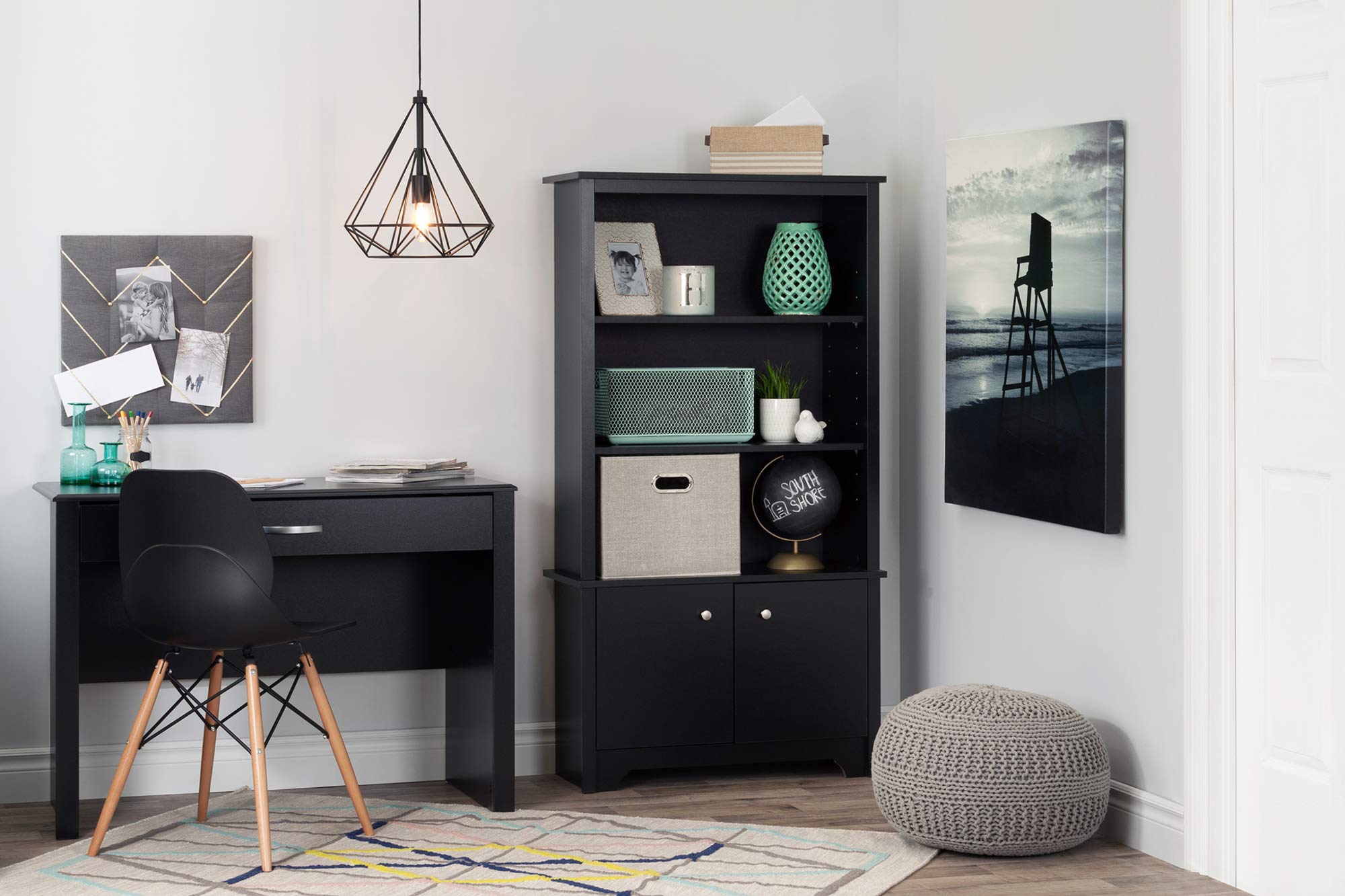 South Shore Vito Tall 3-Shelf Bookcase with 2 Doors, Pure Black with Metal Knobs