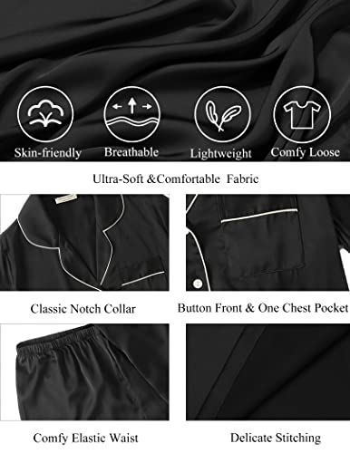 Ekouaer Womens Loungewear Satin Short Sleeve Top and Shorts Pajamas Set, Black, Medium