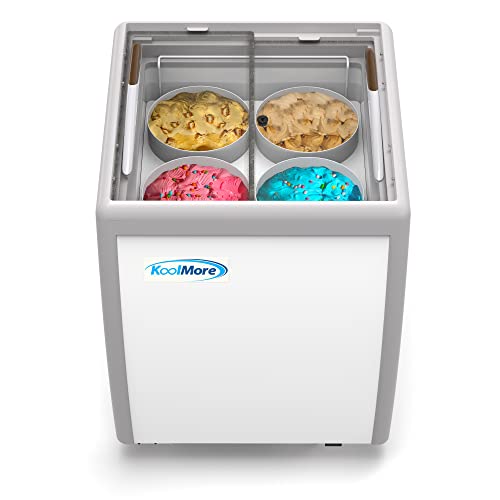 Koolmore 26 inch Commercial Ice Cream Dipping Cabinet Display Case, 4 Large Displayed Tubs, 2 Storing Tube, Sliding Glass Door, Rolling Wheels and Lockable Breaks [5.7 Cu. Ft.] (KM-ICD-26SD) White