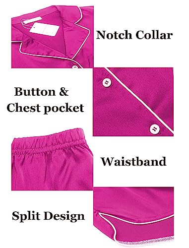 Ekouaer Womens Satin Silk Short Sleeve Button Down Top and Shorts Sleepwear Bridesmaid Pajamas Set Hot Pink Medium