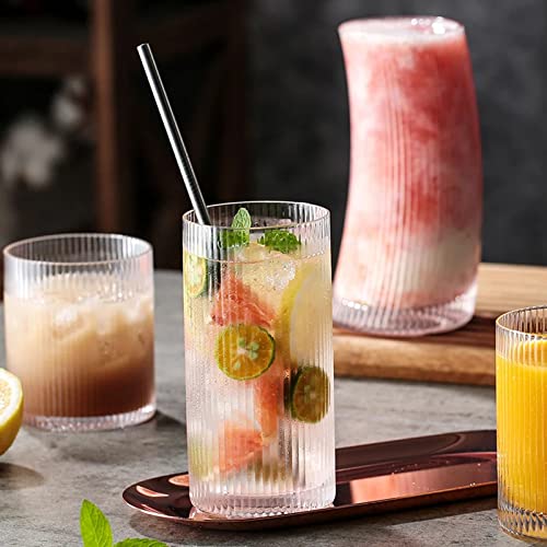 INSETLAN Glass Cups Vintage Glassware Set of 4 Large, Origami Style Transparent Cocktail Glasses Set, Bar Beverages Ice Coffee Cup Juice Ripple Drinkware, 450ml (L)