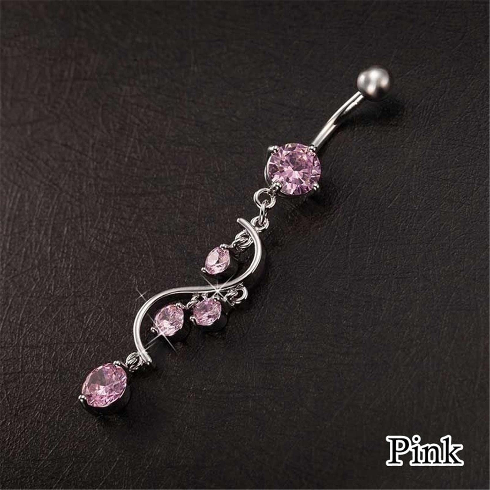 Atmneris S-shaped Belly Button Rings Dangle for Women Long Navel Rings Sparkly Navel Piercings Body Piercing Jewelry,pink