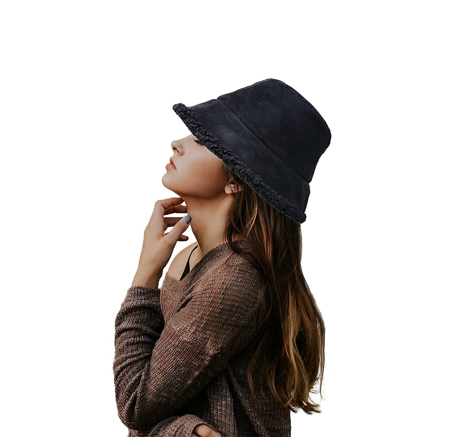 BA UNIQUE FASHION Reversible Solid Color Women Winter Faux Suede Fur Bucket Hat (Black Tone)