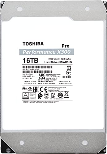 Toshiba X300 PRO 16TB High Workload Performance for Creative Professionals 3.5-Inch Internal Hard Drive β Up to 300 TB/Year Workload Rate CMR SATA 6 GB/s 7200 RPM 512 MB Cache - HDWR51GXZSTB