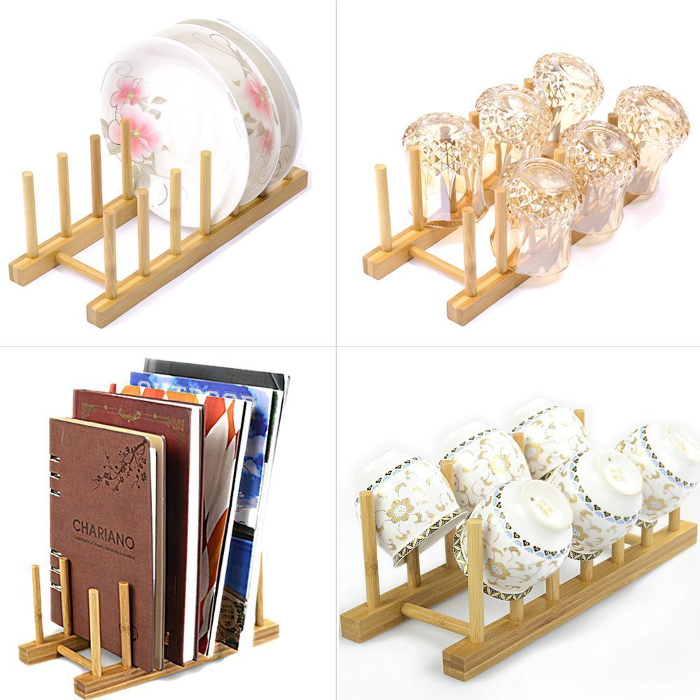 INNERNEED Bamboo Wooden Dish Rack Plates Holder Compact Kitchen Storage Cabinet Organizer for Dish/Plate/Bowl/Cup/Pot Lid/Cutting Board