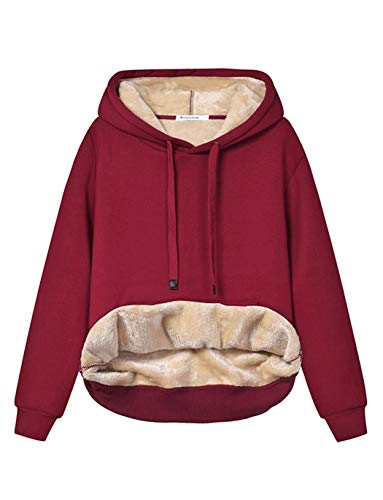 Haellun Womens Casual Winter Warm Fleece Sherpa Lined Pullover Hooded Sweatshirt (Red, Medium)