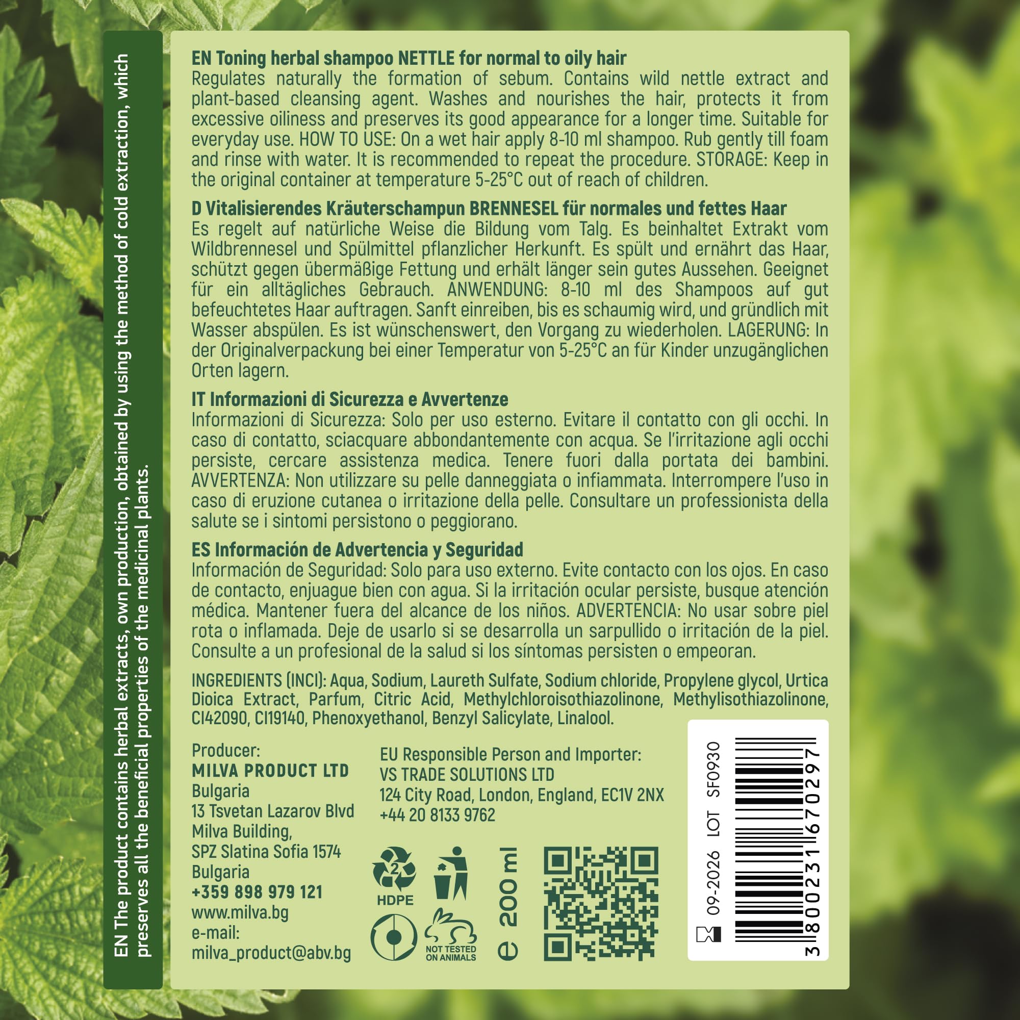 Nettle Shampoo - Helps Regulate Sebum Production, Reduce Dandruff & Ease Scalp Irritation - For Strong, Healthy Hair- 200ml