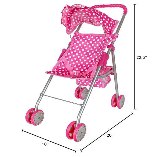 Click N' Play Baby Doll Stroller, Pink & White Polka Dots Baby Stroller for Dolls, Foldable with Hood and Basket, Toy Stroller for Baby Dolls, Doll Strollers for Girls 2 Years Old and Older, Toddlers